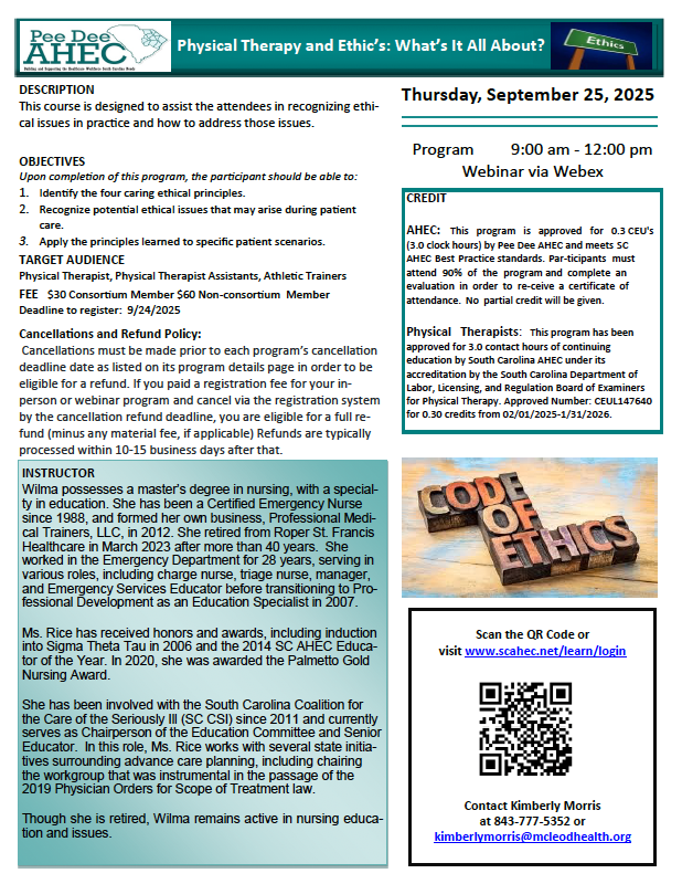 Program Details: Physical Therapy and Ethic's: What's It All About? | South Carolina AHEC ...